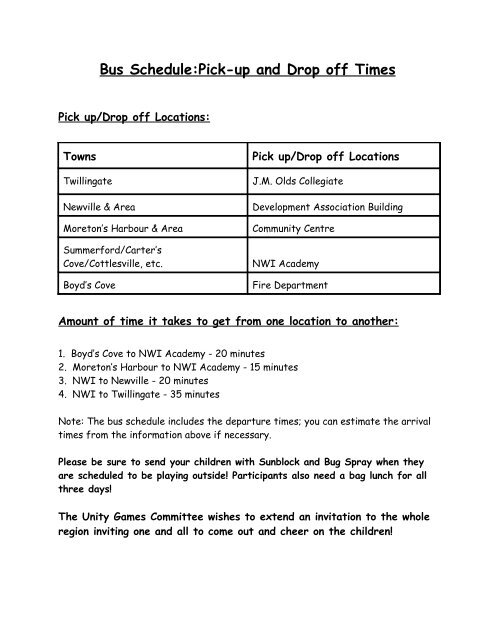 Bus Schedule:Pick-up and Drop off Times