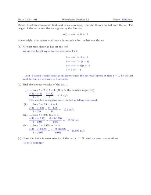 Math 1300 - 401 Worksheet: Section 2.1 Name: Solutions Patrick ... Math 1300 - 401 Worksheet: Section 2.1 Name: Solutions Patrick ...