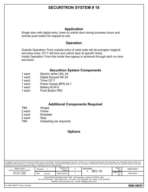 Single Door DK-26 UNL-24 And DT-7 Wiring Diagram - Securitron ...