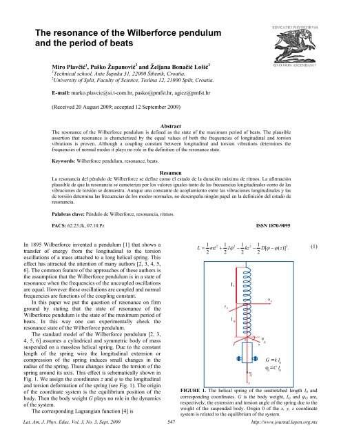The resonance of the Wilberforce pendulum and the period ... - Dialnet