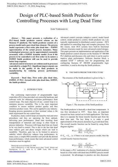 Design of PLC-based Smith Predictor for Controlling Processes with ...