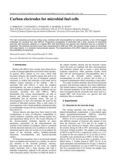 Carbon electrodes for microbial fuel cells.