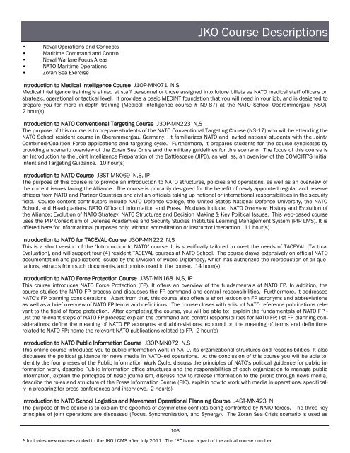 JKO Course Descriptions I