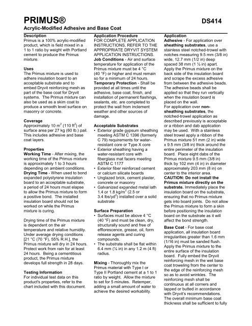 Primus Data Sheet - Continuous Insulation - Dryvit