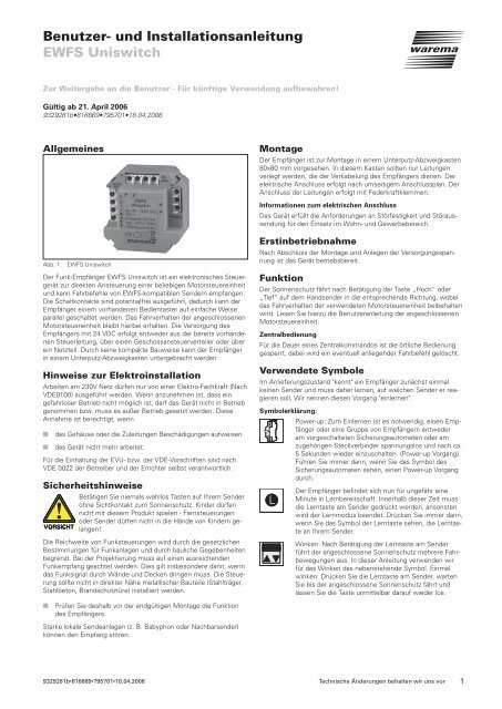 EWFS Uniswitch Benutzer- und Installationsanleitung - Warema