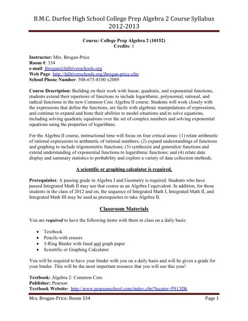 B.M.C. Durfee High School College Prep Algebra 2 Course Syllabus ...