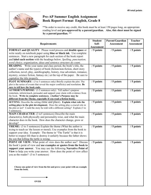 Pre-AP Summer English Assignment Book Report Format English ...
