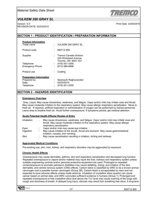 Vulkem 350 SL Gray MSDS - Tremco Sealants