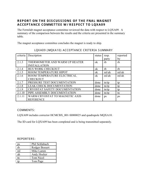 Acceptance Report - Fermilab Technical Division