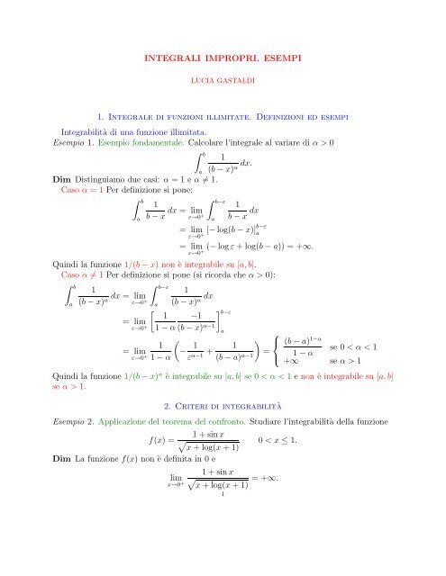INTEGRALI IMPROPRI. ESEMPI 1. Integrale di ... - Matematica