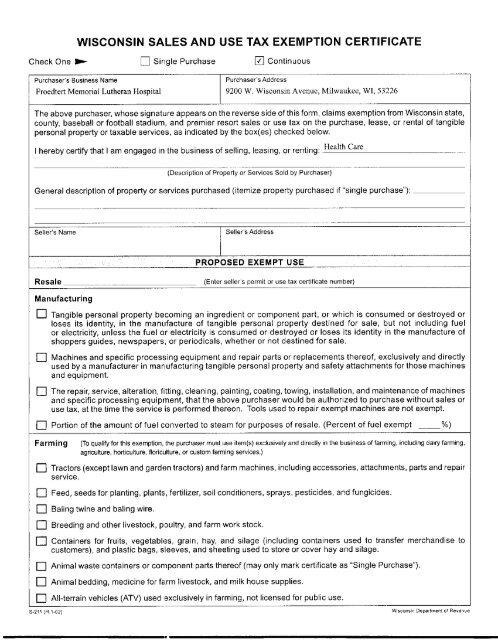 WISCONSIN SALES AND USE TAX EXEMPTION ... - Froedtert Health