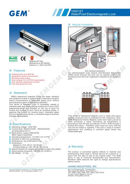 10001ST WaterProof Electromagnetic Lock - GEM,Gianni Industries ...