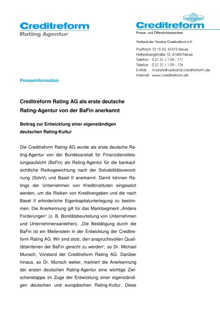 BaFin-Anerkennung Creditreform Rating - Creditreform Rating AG