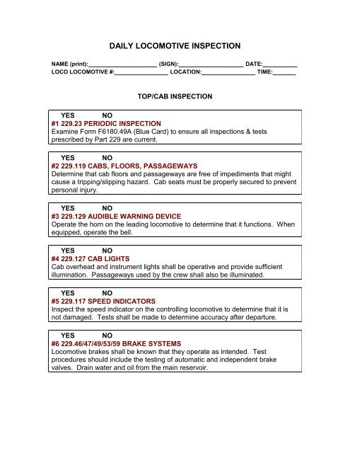 Daily Locomotive Inspection Checklist
