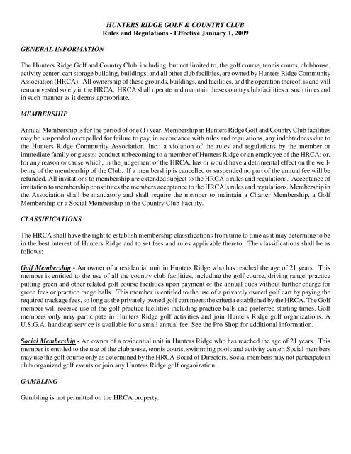 HUNTERS RIDGE GOLF & COUNTRY CLUB Rules and Regulations