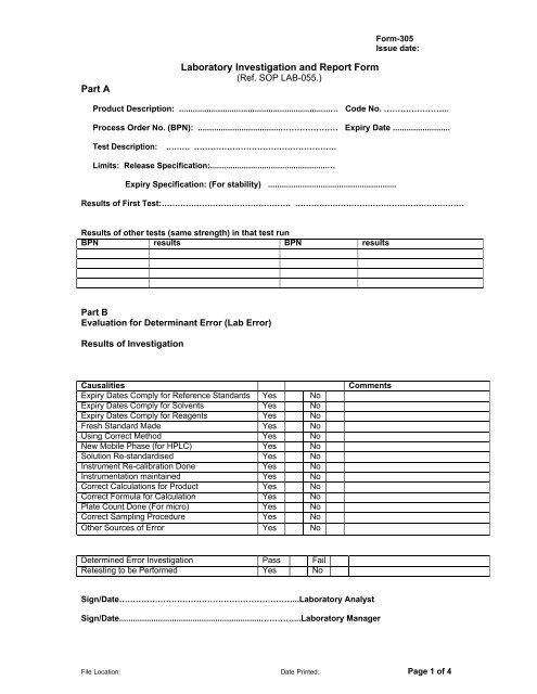 Laboratory Investigation and Report Form Part A