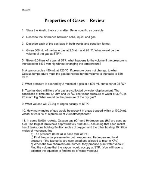 Properties of Gases – Review - WC Miller Collegiate