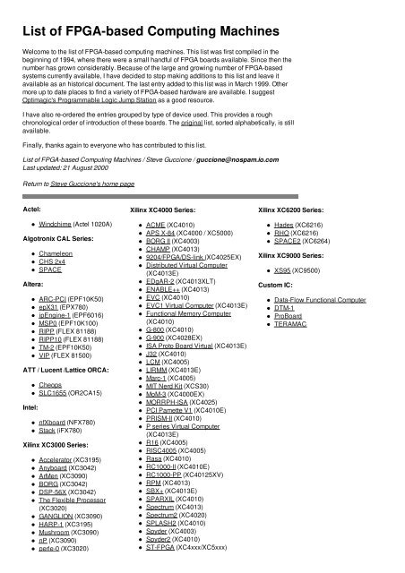 List of FPGA-based Computing Machines - Xputer Lab Kaiserslautern