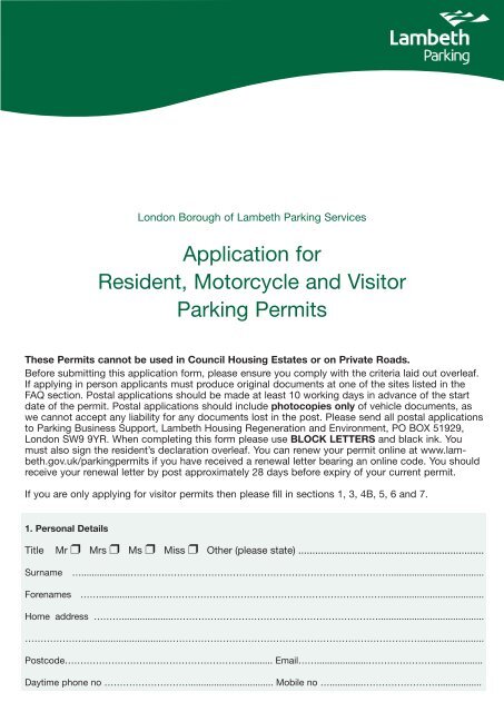 Application for Resident, Motorcycle and Visitor ... - Lambeth Council
