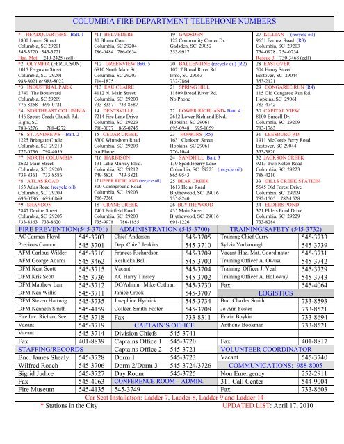 COLUMBIA FIRE DEPARTMENT TELEPHONE NUMBERS