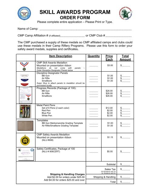 CMP Skill Awards Order Form - Civilian Marksmanship Program
