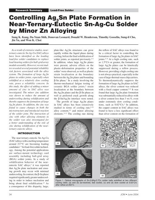 Controlling Ag3Sn Plate Formation in Near-Ternary-Eutectic Sn-Ag ...