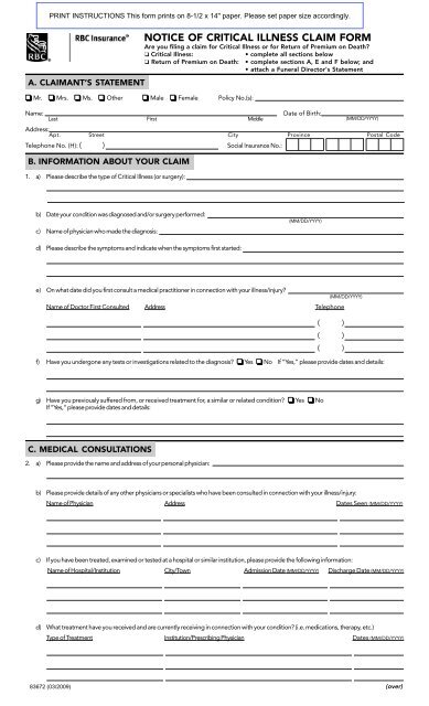 NOTICE OF CRITICAL ILLNESS CLAIM FORM - RBC Insurance