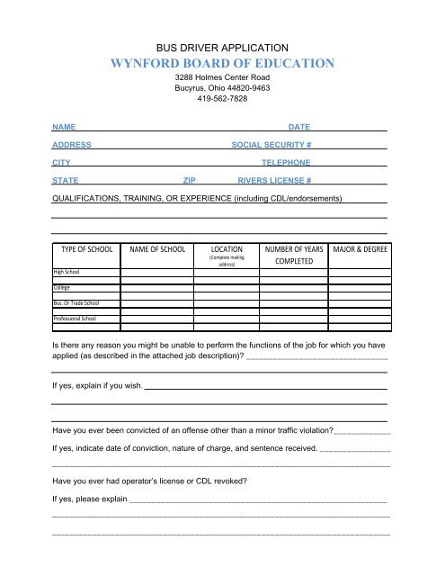 Employment application for bus drivers - Wynford Local Schools