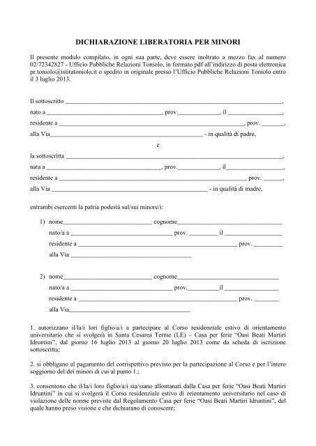 DICHIARAZIONE LIBERATORIA PER MINORI - Istituto Toniolo