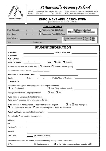 Enrolment Application Form - St. Bernard's Primary School