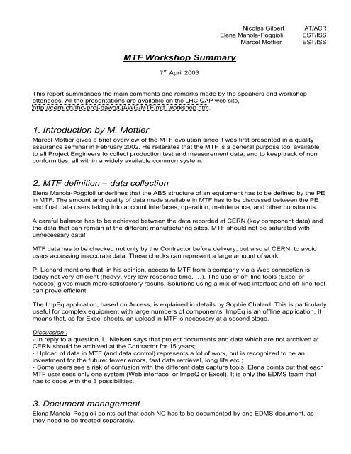 MTF Workshop Summary - CERN