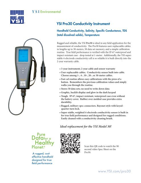 YSI Pro30 Conductivity Instrument Specification Sheet - YSI.com