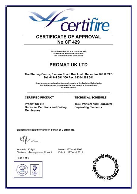CERTIFICATE OF APPROVAL No CF 429 PROMAT UK ... - Himerpa