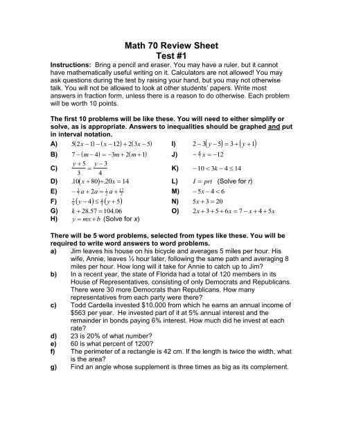 Math 70 Review Sheet Test #1