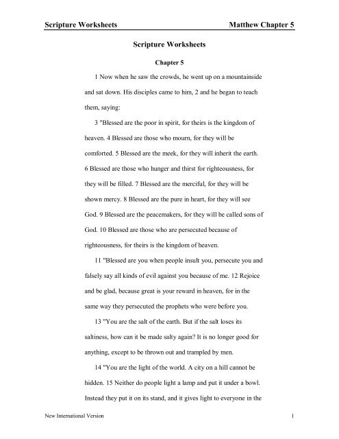 Scripture Worksheets Matthew Chapter 5 Scripture Worksheets