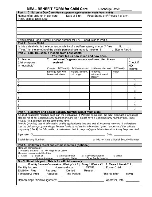 MEAL BENEFIT FORM for Child Care