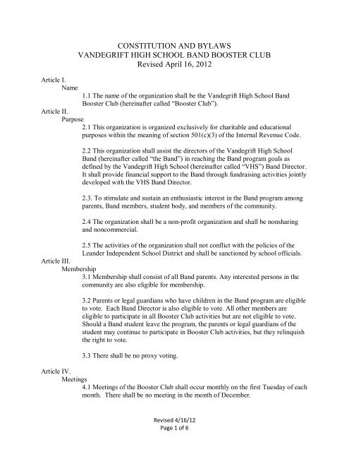 Band Booster Club Bylaws Template TUTORE ORG Master Of Documents