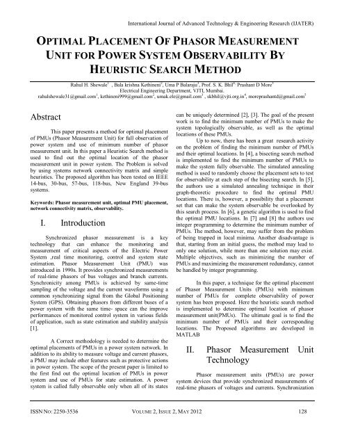 Optimal Placement Of Phasor Measurement Unit For Power Ijater