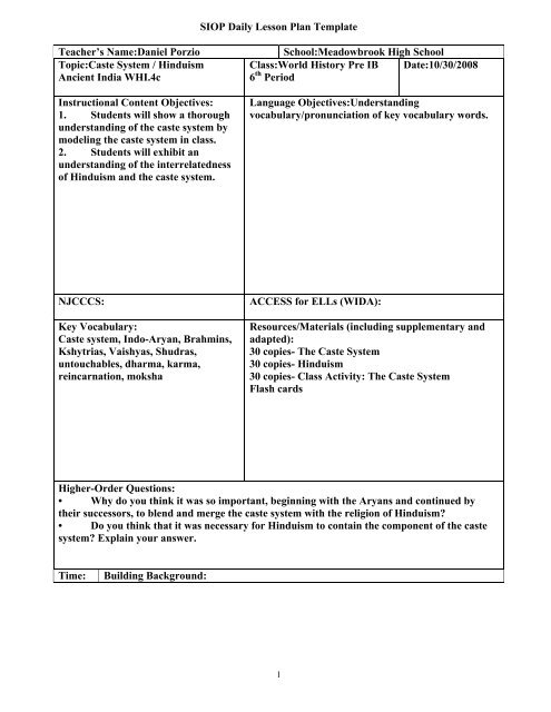 Lesson Plan: Caste System/Hinduism - ACT-ESL