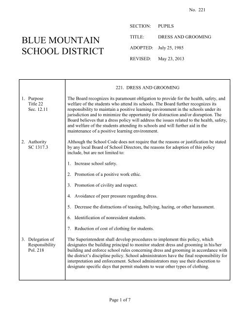 Students Dress Code Revised - Blue Mountain School District