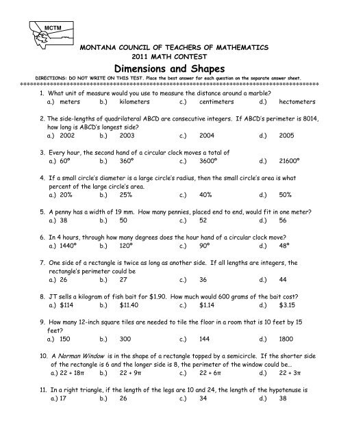 Dimension and Shapes Test - MCTM