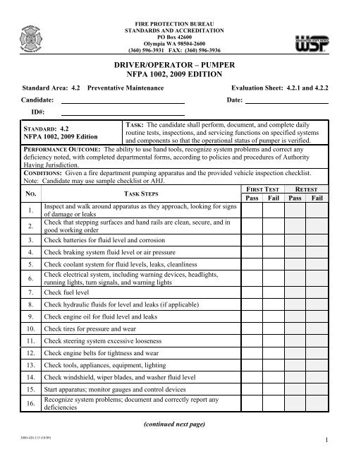 Driver Operator Skill Sheets, Revised 10/09