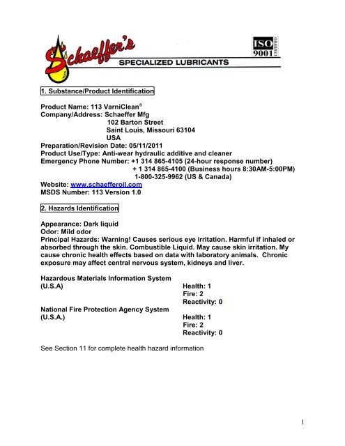 1 1. Substance/Product Identification Product Name ... - Schaeffer Oil