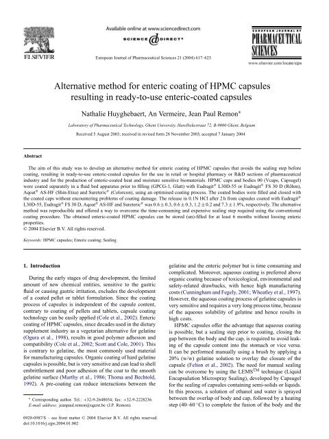 Alternative Method For Enteric Coating Of Hpmc Capsules Capsugel