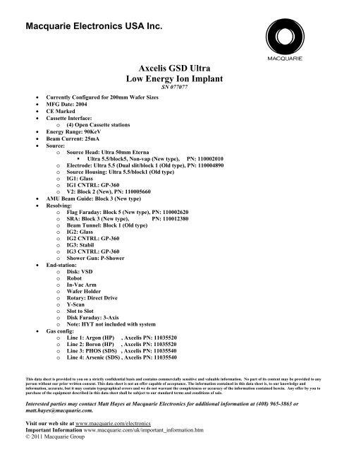 Macquarie Electronics USA Inc. Axcelis GSD Ultra Low Energy Ion ...