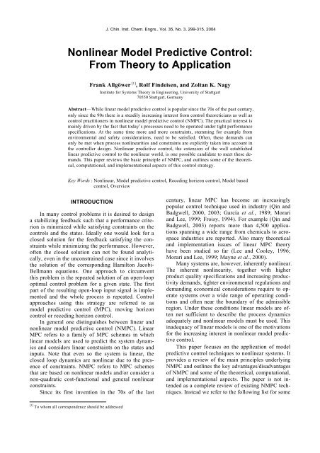 Nonlinear Model Predictive Control From Theory To Application