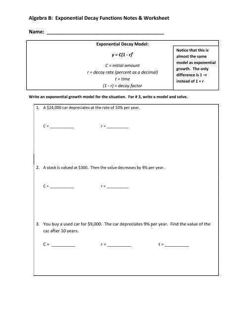Exponential Decay Worksheet - Bssd.net