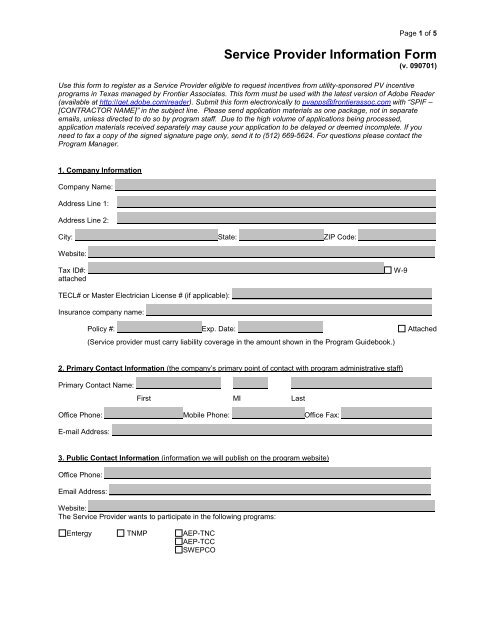 Service Provider Information Form - Texas Distributed Solar ...