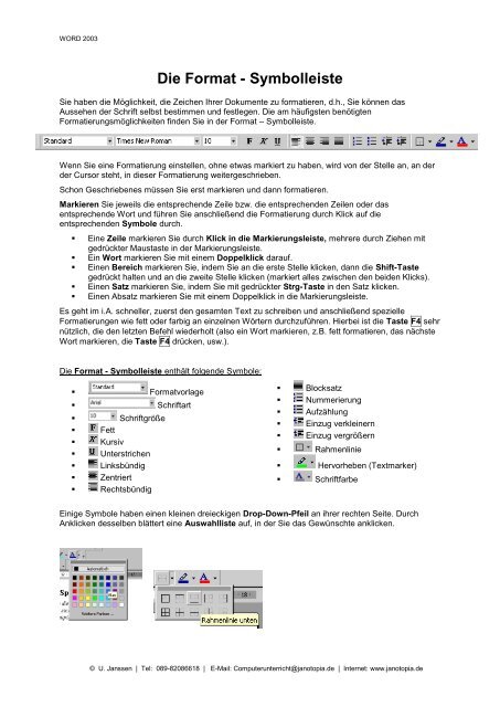 Die Format - Symbolleiste - Computerunterricht Janotopia