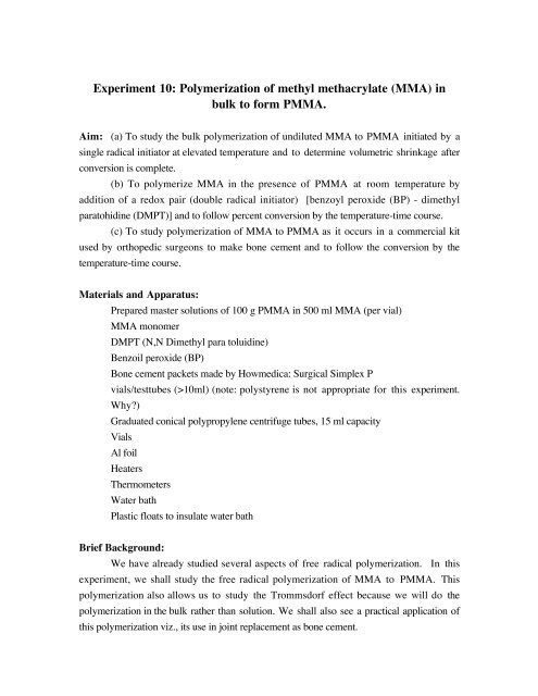 Experiment 10: Polymerization of methyl methacrylate (MMA) in bulk ...